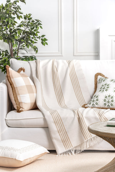 Coastal Neutral Throw Blanket, Vertical Stripes with Fringe, Tan, 52 ...