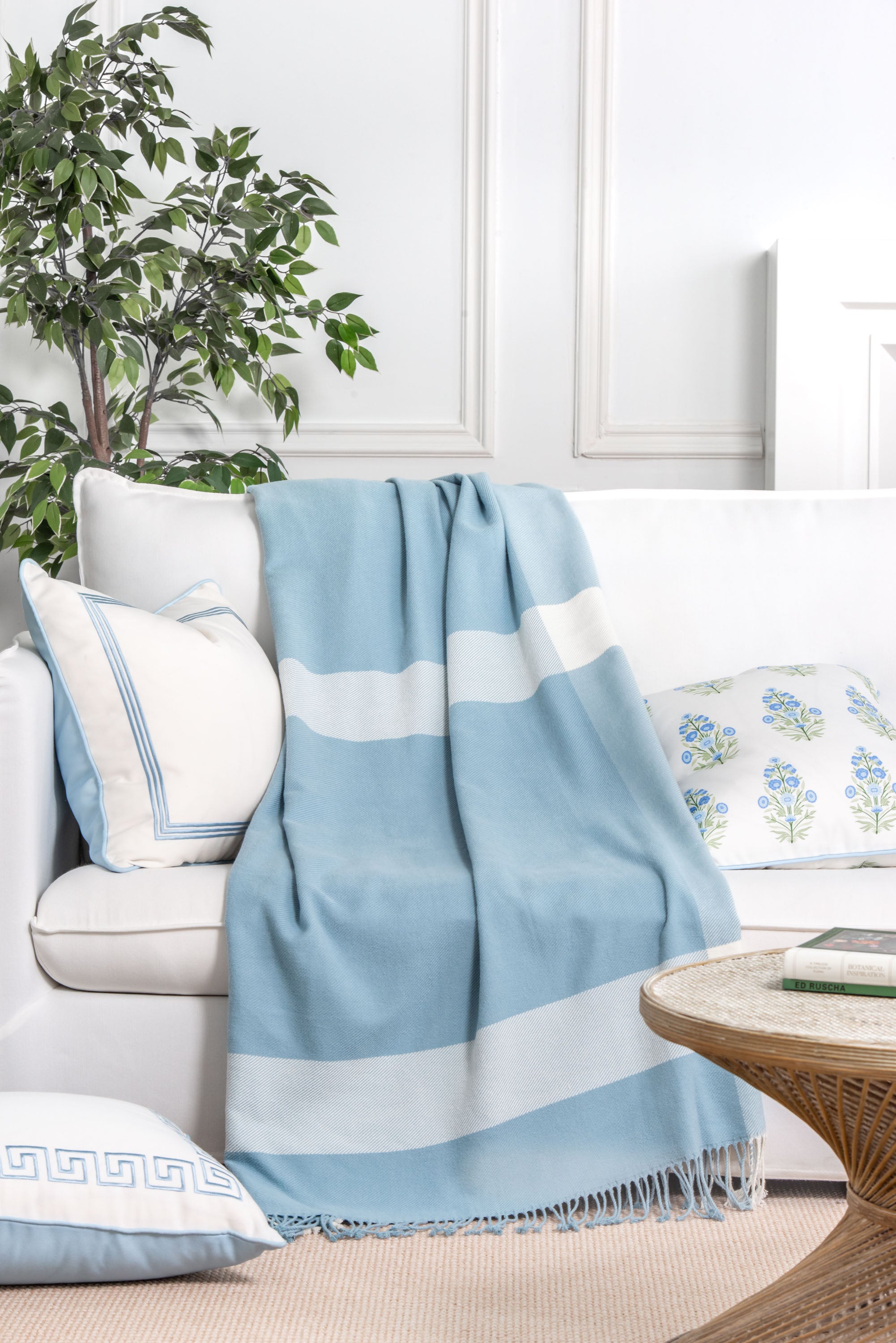 Coastal Plaid Throw Blanket, Fringe Design, Baby Blue, 51"x71" | Hofdeco