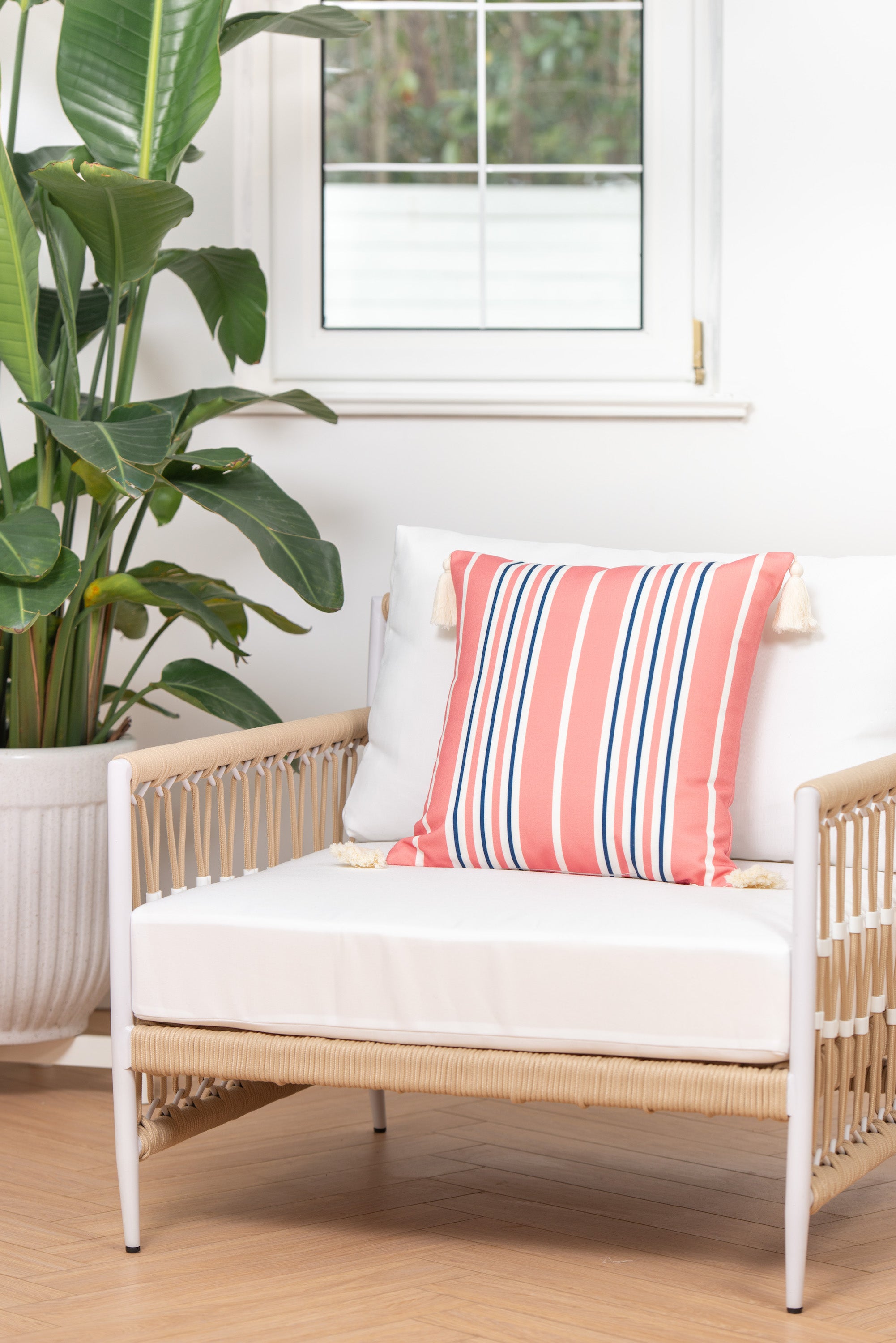 Coastal Coral Pink Throw Pillow Cover, Stripe Tassel, Navy Blue | Hofdeco