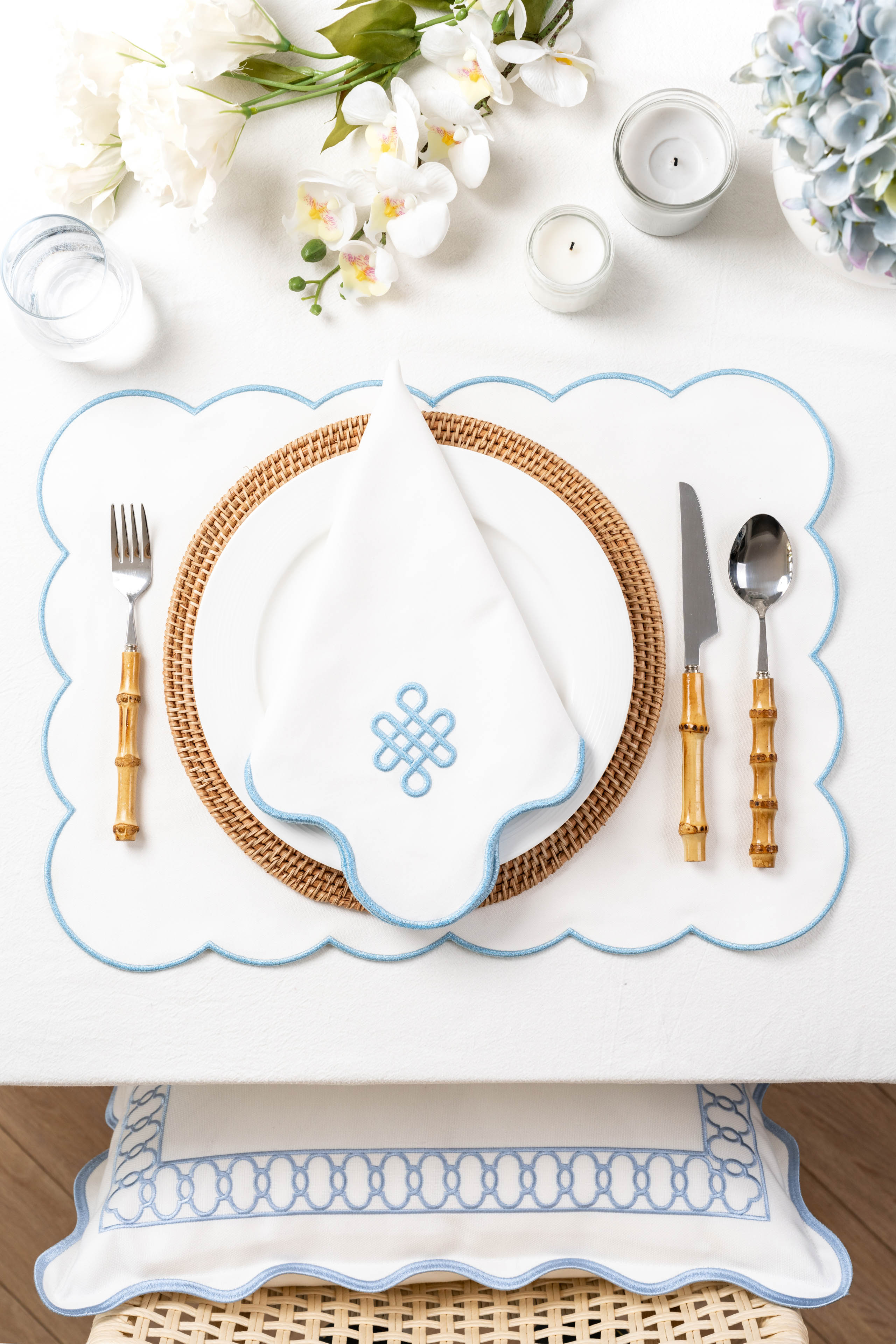 Coastal Blue Table Napkins, Embroidered Endless Knot, Baby Blue 20"x20 ...