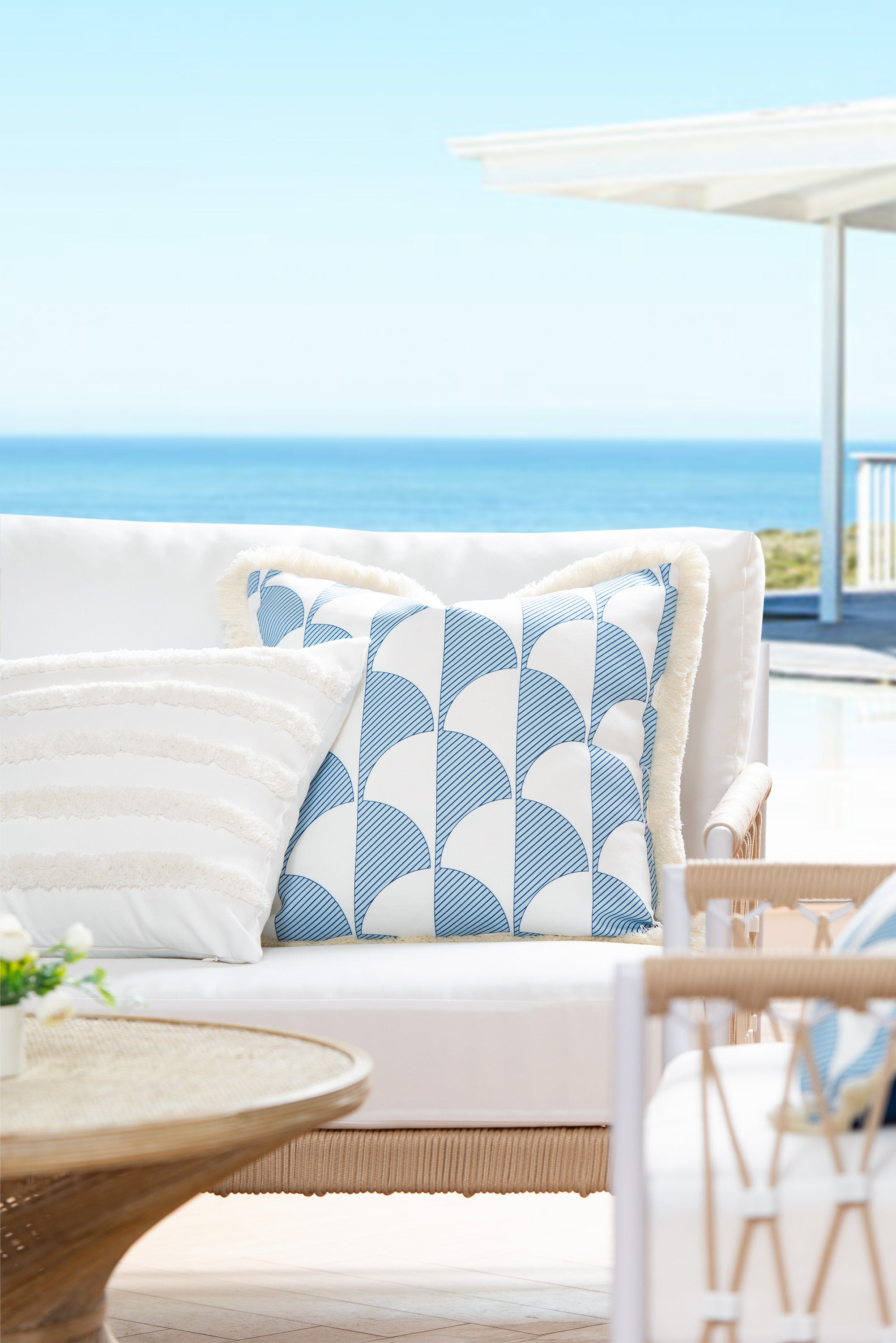 Coastal Baby Blue Geometric Pillow Cover, Scale Motif Fringe | Hofdeco