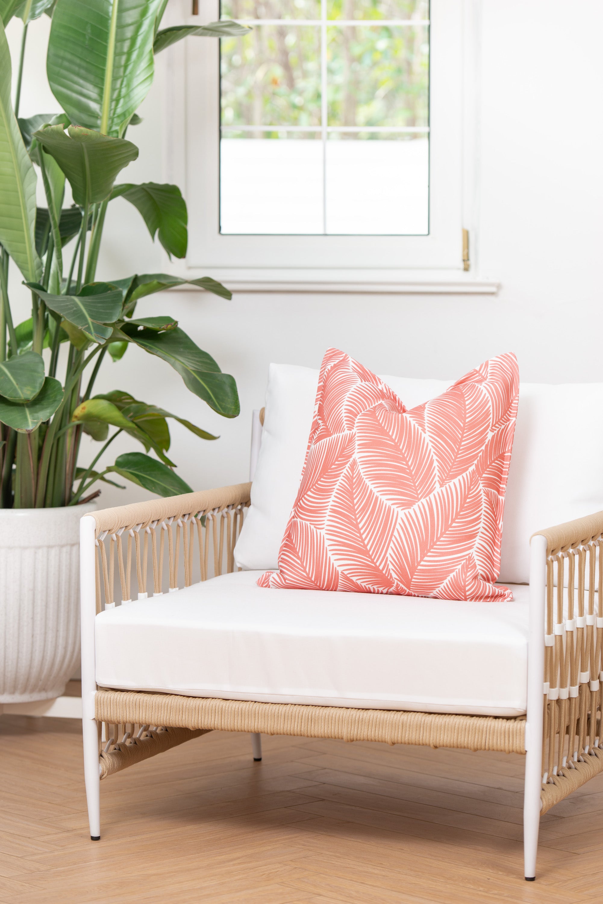 Coastal Coral Pink Throw Pillow Cover, Palm Leaf | Hofdeco
